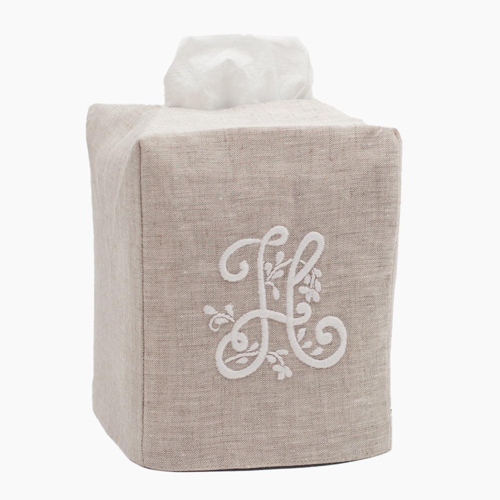 Meadow Monogram Tissue Box Cover - White on Natural – Henry Handwork